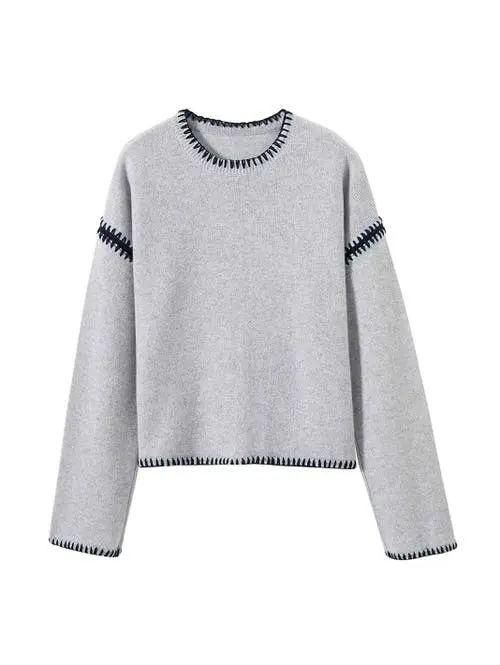 27 Miles Malibu Cinthia Contrast Stitching Cashmere Crewneck Sweater - Heather