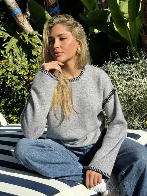 27 Miles Malibu Cinthia Contrast Stitching Cashmere Crewneck Sweater