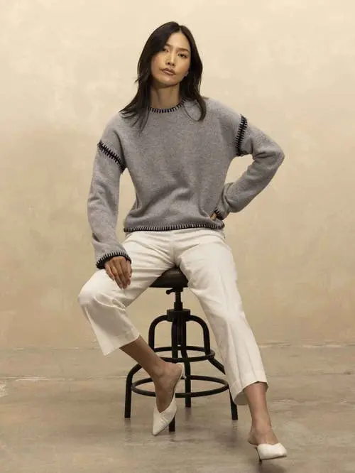 27 Miles Malibu Cinthia Contrast Stitching Cashmere Crewneck Sweater