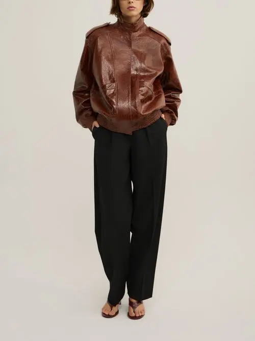 Witchery Crinkle High Neck Leather Bomber Jacket