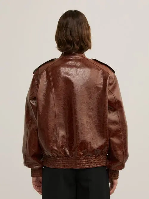Witchery Crinkle High Neck Leather Bomber Jacket