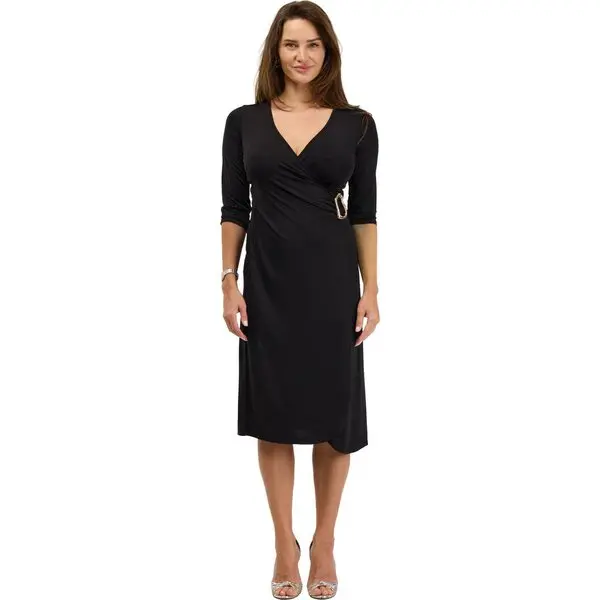 24SEVEN COMFORT APPAREL 24seven Comfort Elevate V-neck Three-quarter Sleeve Wrap Dress - Black