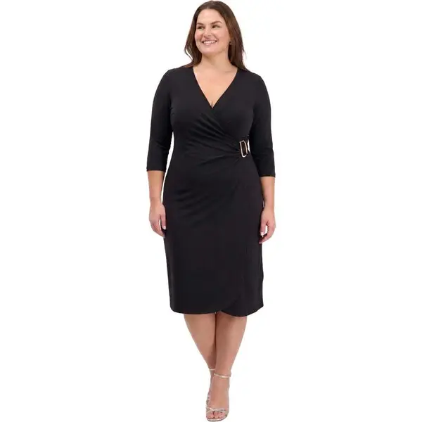 24SEVEN COMFORT APPAREL 24seven Comfort Elevate Curvy V-neck Three-quarter Sleeve Wrap Dress - Black