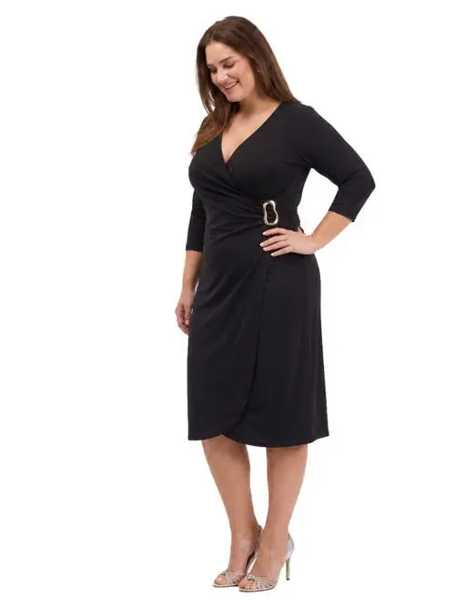 24SEVEN COMFORT APPAREL 24seven Comfort Elevate Curvy V-neck Three-quarter Sleeve Wrap Dress - Black