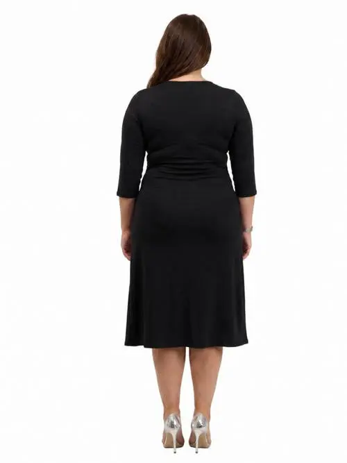 24SEVEN COMFORT APPAREL 24seven Comfort Elevate Curvy V-neck Three-quarter Sleeve Wrap Dress - Black