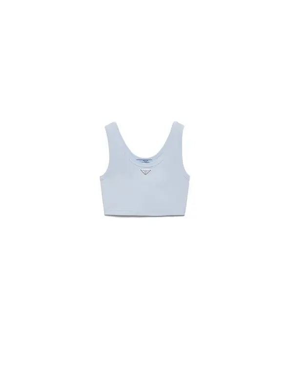 Prada Ribbed Knit Cotton Crop Top - Light Blue