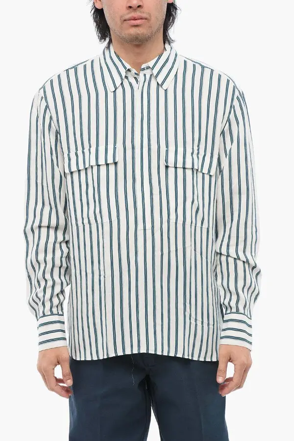 PT TORINO Striped Shirt With Double Chest Pockets - Green