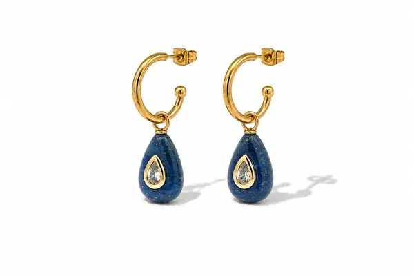BOHO BETTY Lapis Lazuli Teardrop Hoop Earrings – Wisdom Waterproof Gold Drop Earrings – Hana