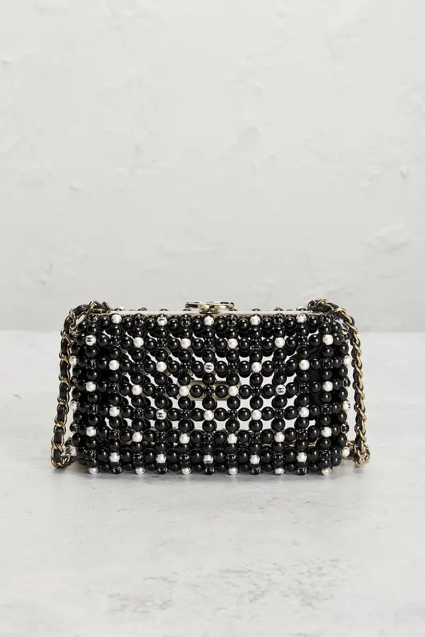 Chanel Beaded Faux Pearls Box Minaudiere Clutch In & White
