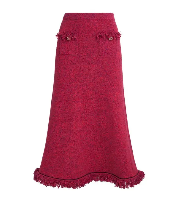 SELF-PORTRAIT Knitted Frayed Midi Skirt - Red