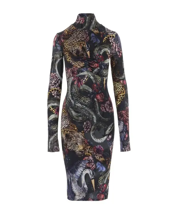 Just Cavalli Animal-print Floral-print Midi Dress - Black