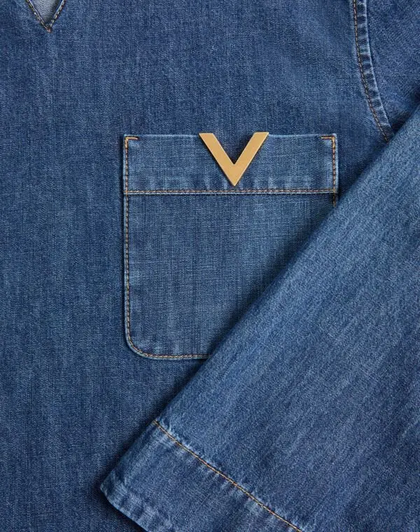 Valentino Garavani Denim Chambray Shirt With V Gold - Blue