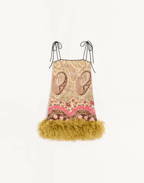 Valentino Garavani Short Silk Dress With Voyage Imaginaire Paisley And Feather Boa - Multicolour