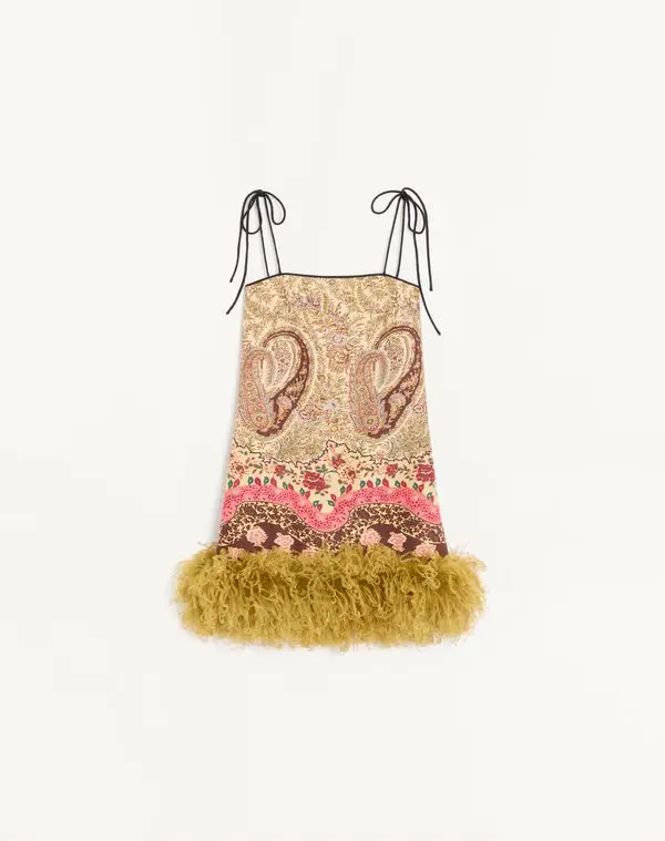 Valentino Garavani Short Silk Dress With Voyage Imaginaire Paisley And Feather Boa - Multicolour