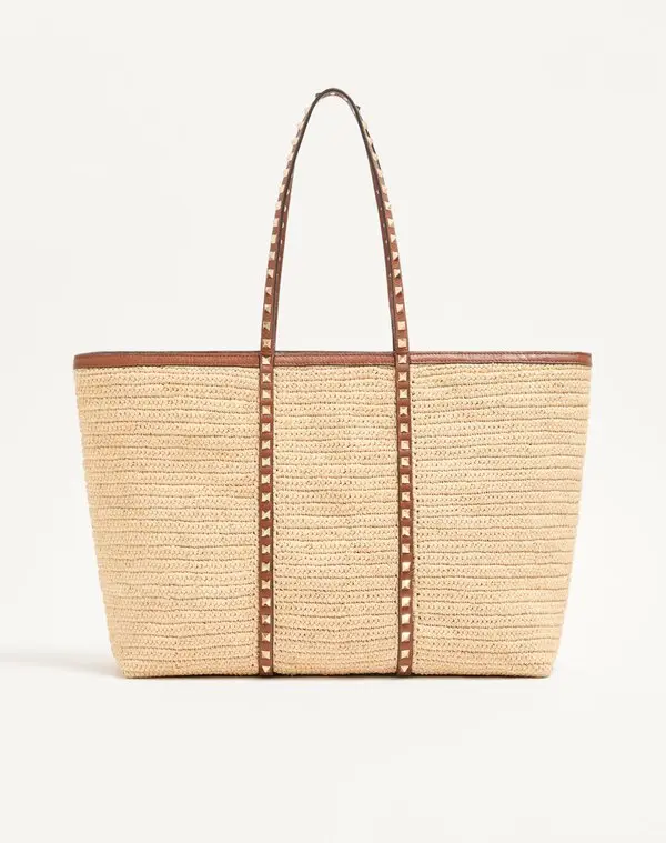 Valentino Garavani Rockstud Raffia Shopping Bag - Natural/saddle Brown