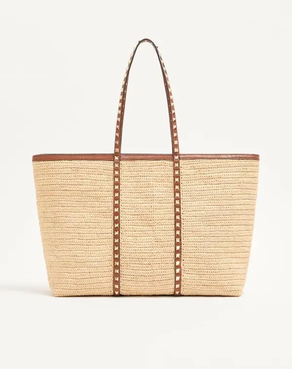 Valentino Garavani Rockstud Raffia Shopping Bag - Natural/saddle Brown