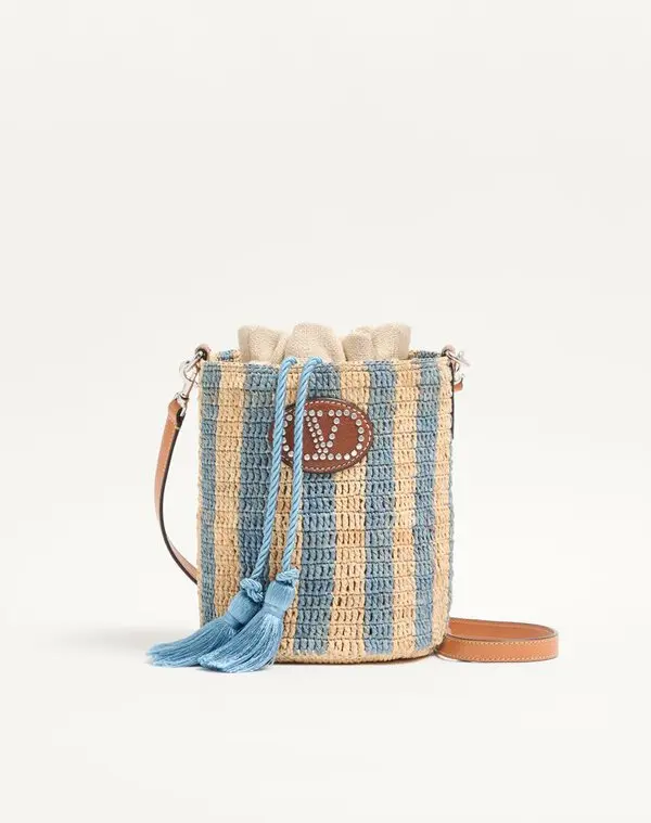 Valentino Garavani Small Striped Raffia Bucket Bag - Natural/azure