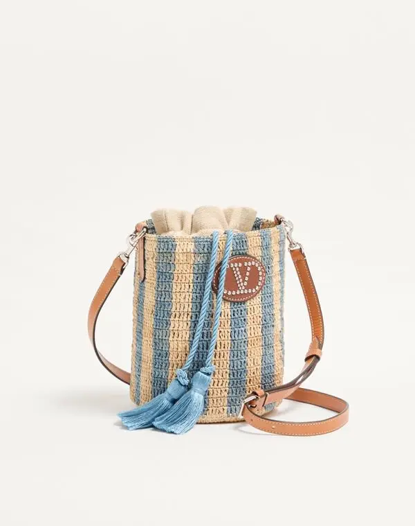 Valentino Garavani Small Striped Raffia Bucket Bag - Natural/azure