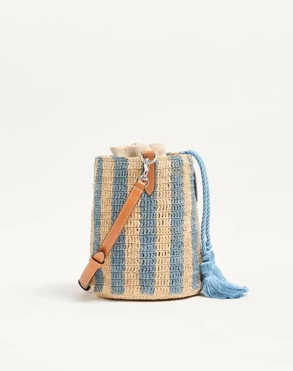 Valentino Garavani Small Striped Raffia Bucket Bag - Natural/azure