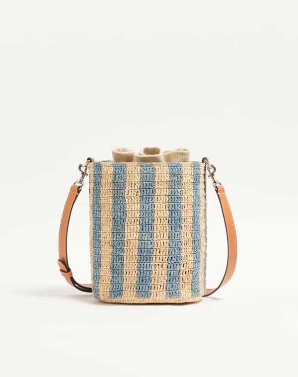 Valentino Garavani Small Striped Raffia Bucket Bag - Natural/azure