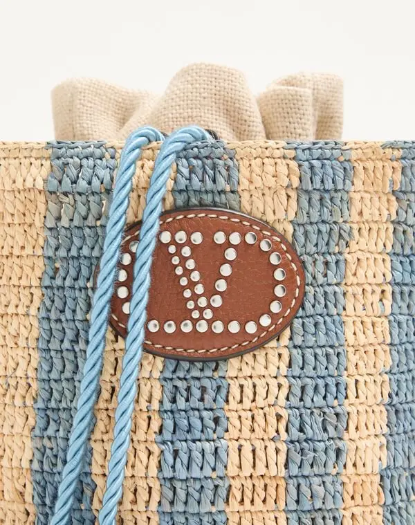 Valentino Garavani Small Striped Raffia Bucket Bag - Natural/azure
