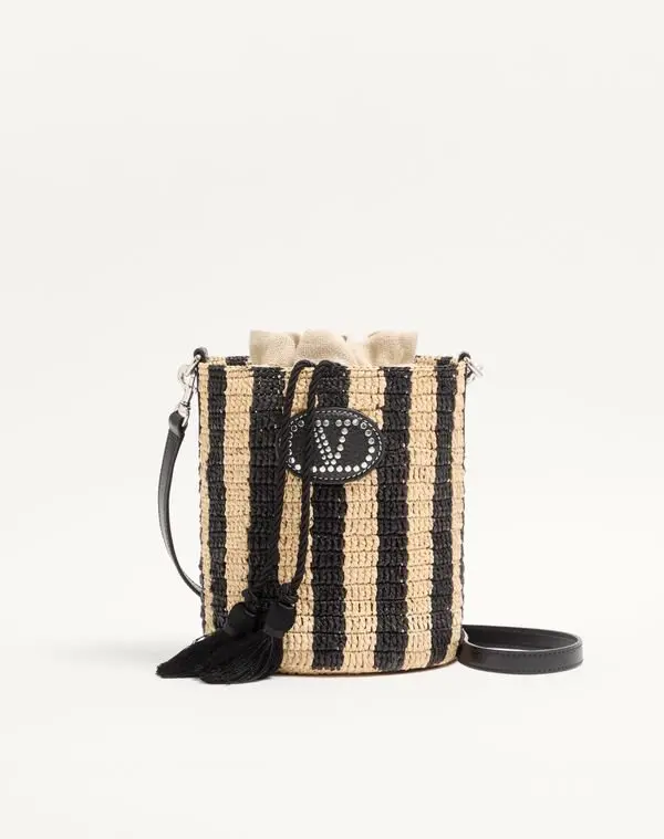 Valentino Garavani Small Striped Raffia Bucket Bag - Natural/black
