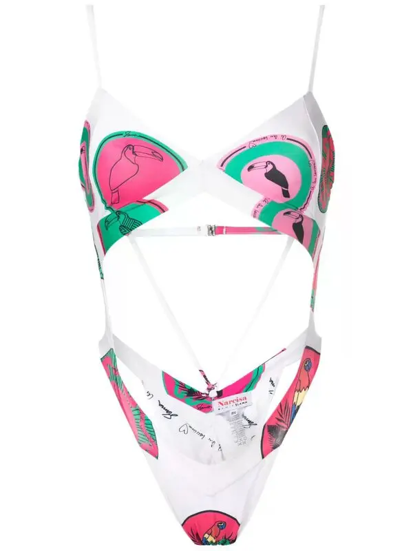 AMIR SLAMA Graphic-print Cut-out Swimsuit - White
