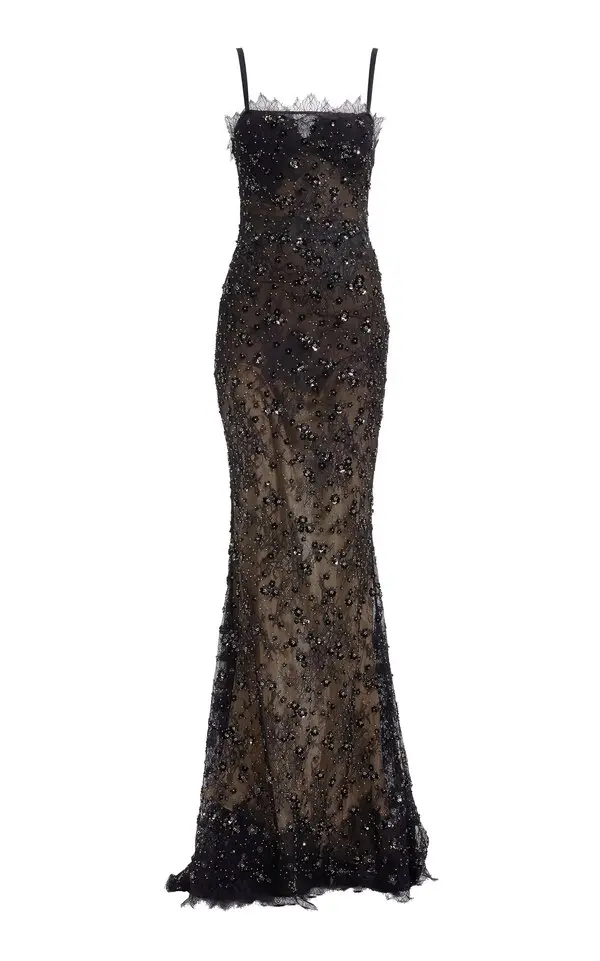 Elie Saab Sleeveless Embroidered Lace Gown - Black