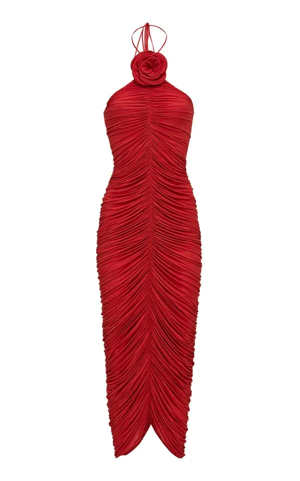 Magda Butrym Ruched Halter Midi Dress With Rose Appliqu - Red