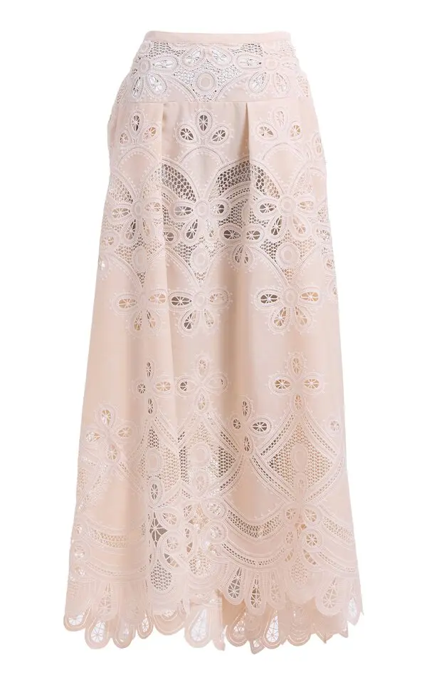 Elie Saab Embroidered Cotton Maxi Skirt With Ruffle Detail - Light Pink