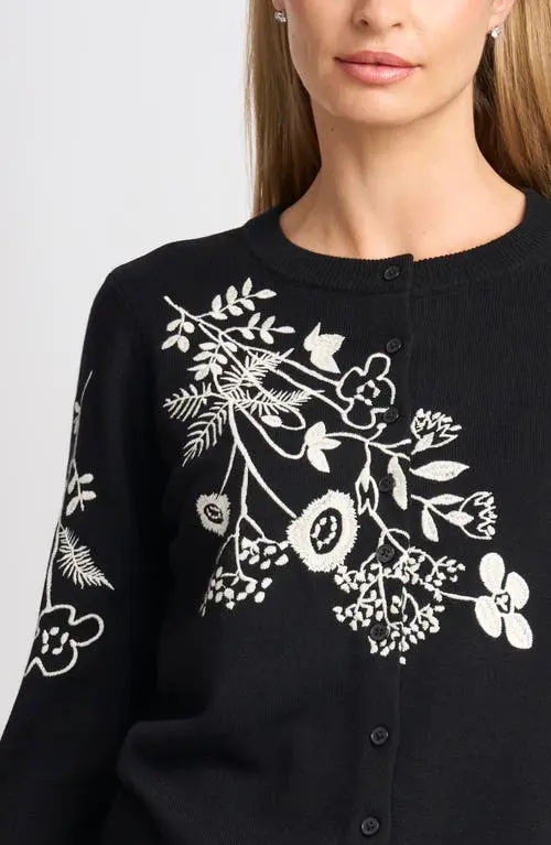 Halogen Embroidered Floral Button-front Cardigan - Rich Black
