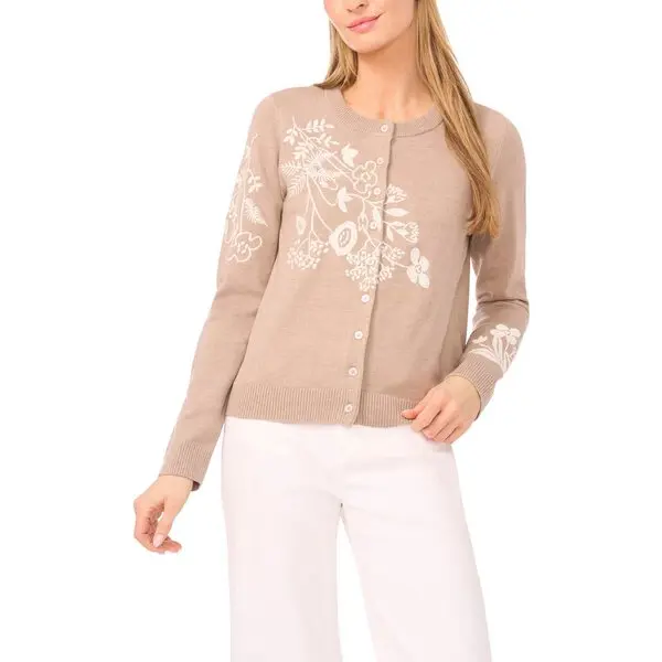 Halogen Embroidered Floral Button-front Cardigan - Soft Taupe