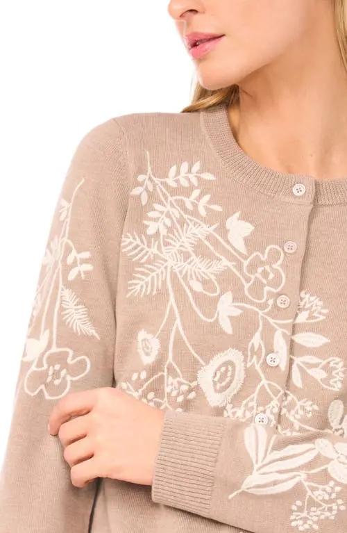 Halogen Embroidered Floral Button-front Cardigan - Soft Taupe