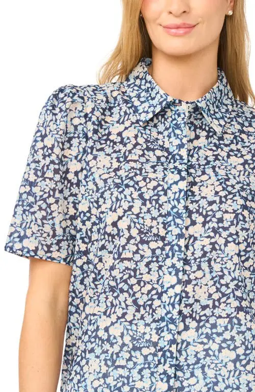 Halogen Floral Puff Sleeve Button-up Top - Lovely Navy