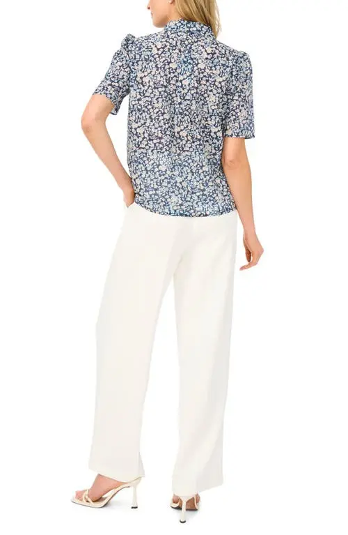 Halogen Floral Puff Sleeve Button-up Top - Lovely Navy
