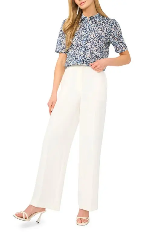 Halogen Floral Puff Sleeve Button-up Top - Lovely Navy