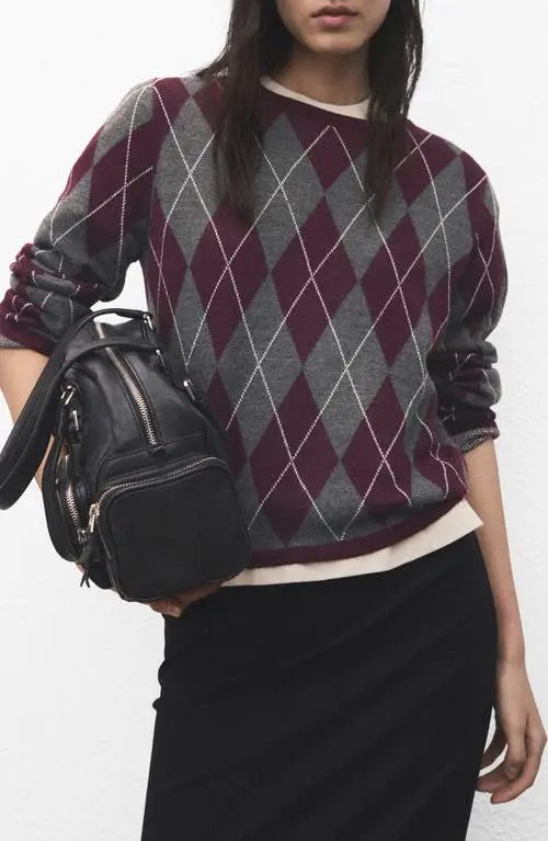 Mango Argyle Crewneck Sweater - Medium Heather Grey