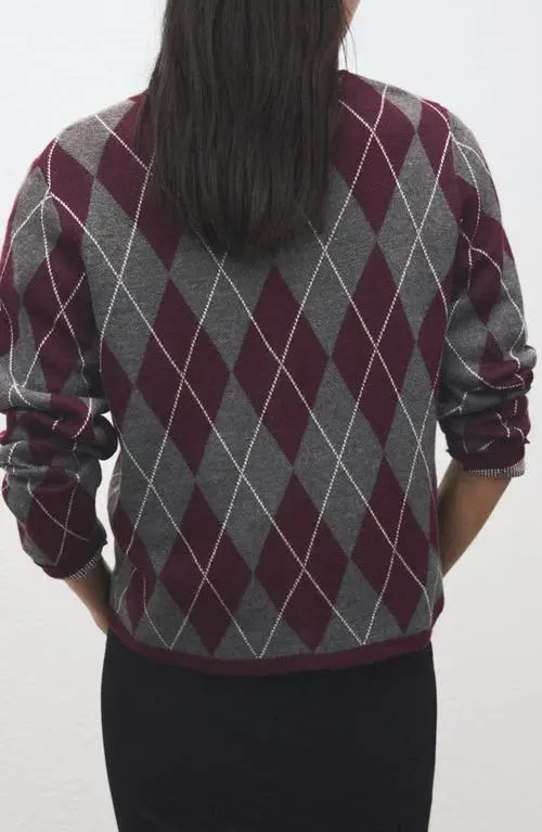 Mango Argyle Crewneck Sweater - Medium Heather Grey