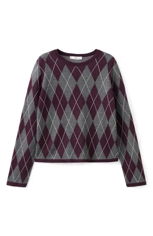 Mango Argyle Crewneck Sweater - Medium Heather Grey