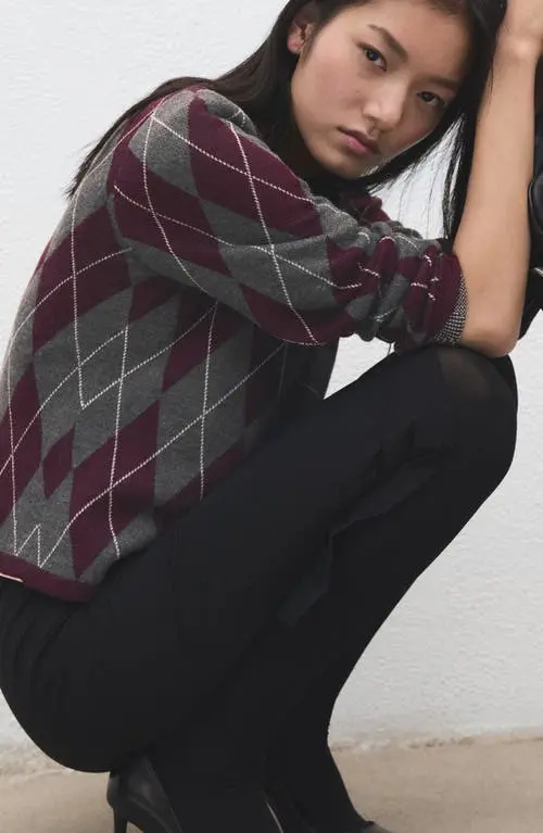 Mango Argyle Crewneck Sweater - Medium Heather Grey