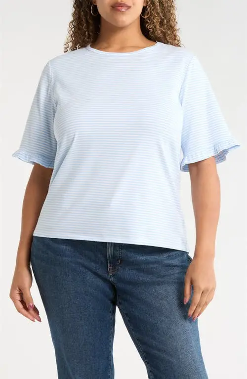Jones New York Stripe Frill Sleeve Stretch Cotton Top - Breeze Blue/natural White
