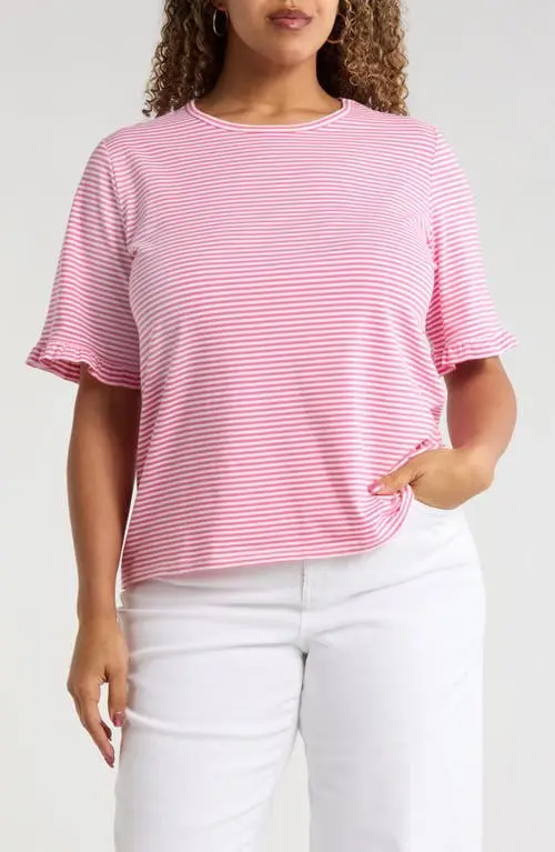 Jones New York Stripe Frill Sleeve Stretch Cotton Top - Dutch Pink/natural White