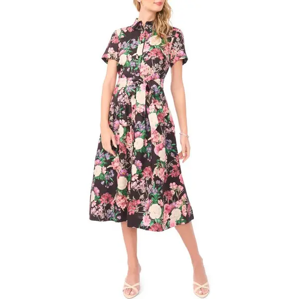 Ted Baker London Floral Linen Midi Shirt Dress - Rich Black