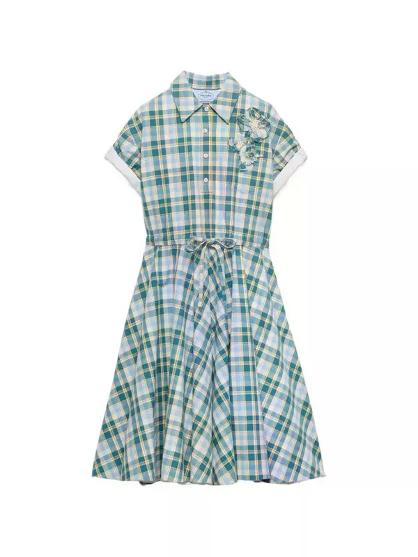 Prada Checked Cotton Dress With Floral Applique - Green