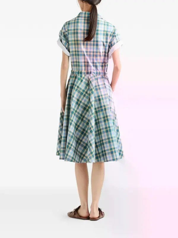 Prada Checked Cotton Dress With Floral Applique - Green