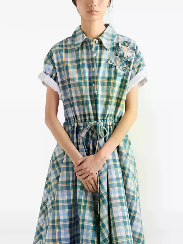 Prada Checked Cotton Dress With Floral Applique - Green