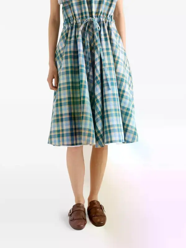 Prada Checked Cotton Dress With Floral Applique - Green