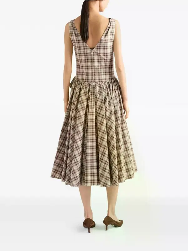 Prada Embroidered Checked Poplin Dress - Neutrals