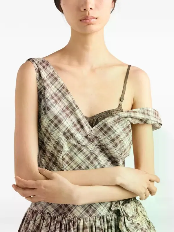 Prada Embroidered Checked Poplin Dress - Neutrals