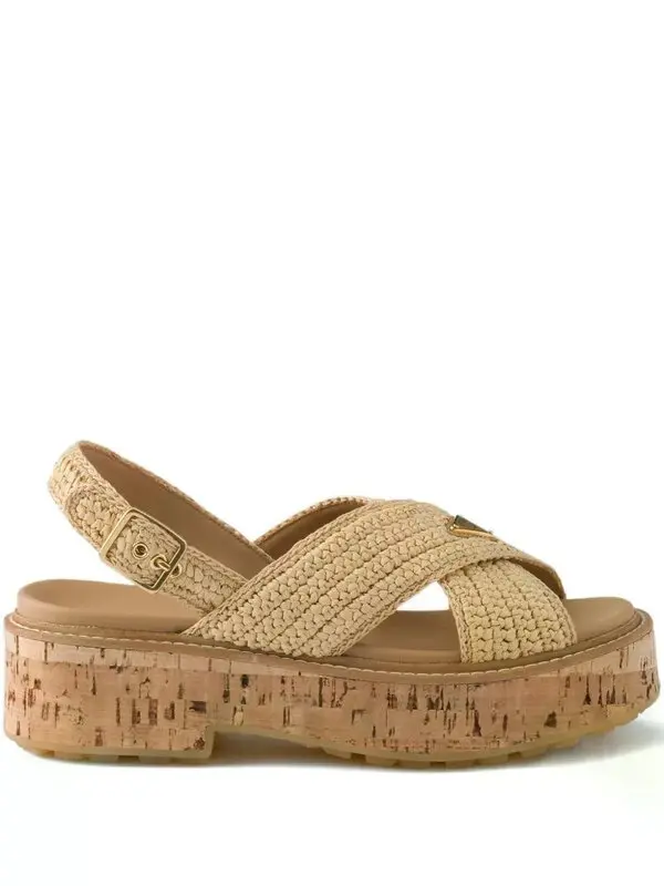 Prada Woven Platform Sandals With Logo Buckle - Neutrals